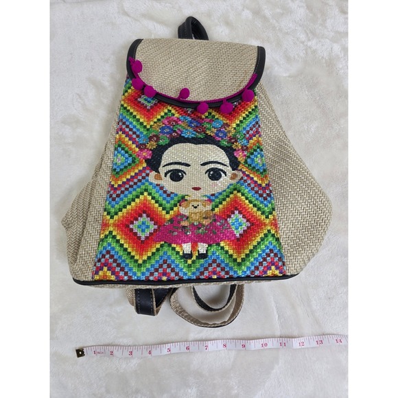 Bags | Mexican Folk Art Frida Kahlo Embroidered Backpack Beige Straw ...